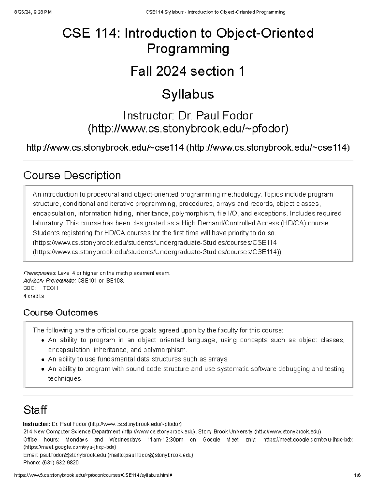 CSE Syllabus - Introduction to Object-Oriented Programming - CSE 114: Introduction to - Studocu