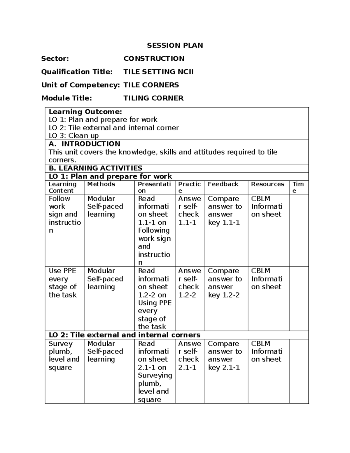 Tiling Corner Session Plan - Tile Setting COC2 - Studocu