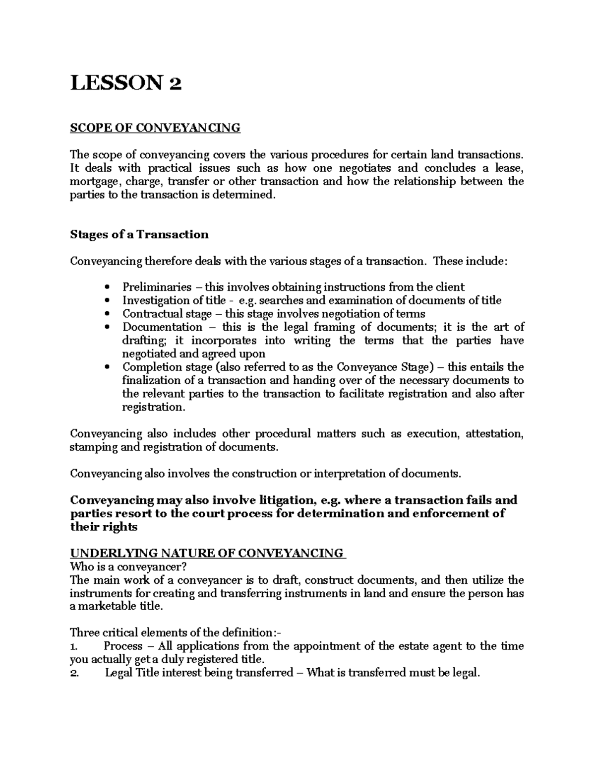 Lesson 2 - Conveyancing notes - LESSON 2 SCOPE OF CONVEYANCING The ...