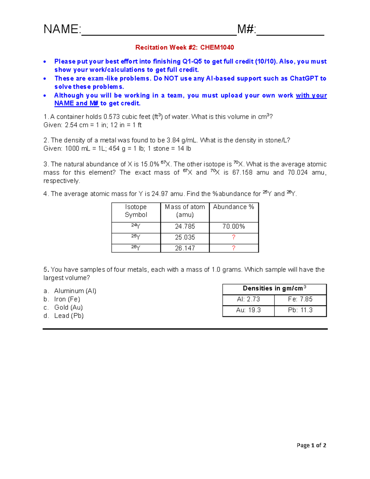 CHEM1040 Recitation Worksheet 2: Problem Solving Guide - Studocu