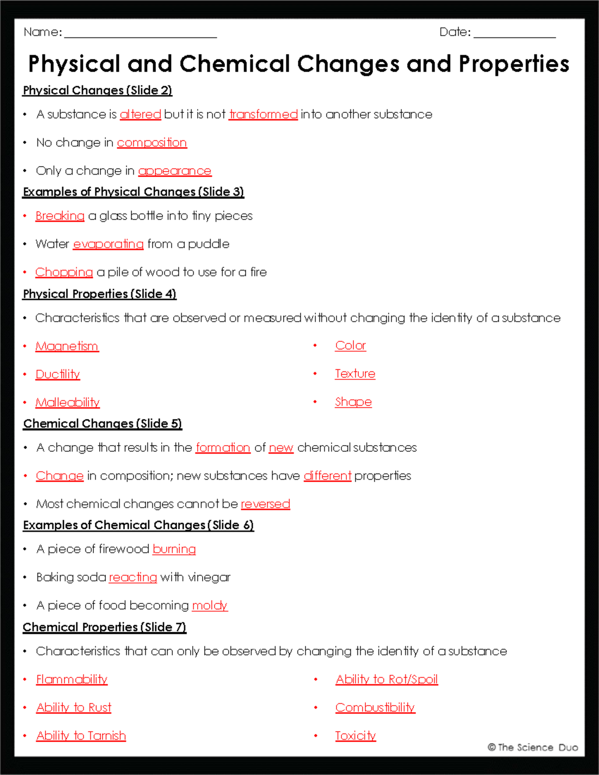 Physical and Chemical Changes: Lecture Notes and Answer Key (CHM 101 ...