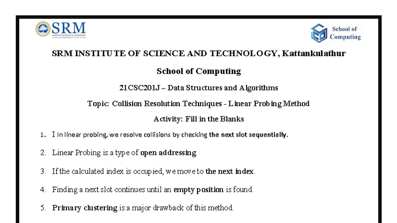 21CSC201J Data Structures: Collision Resolution via Linear Probing - Studocu