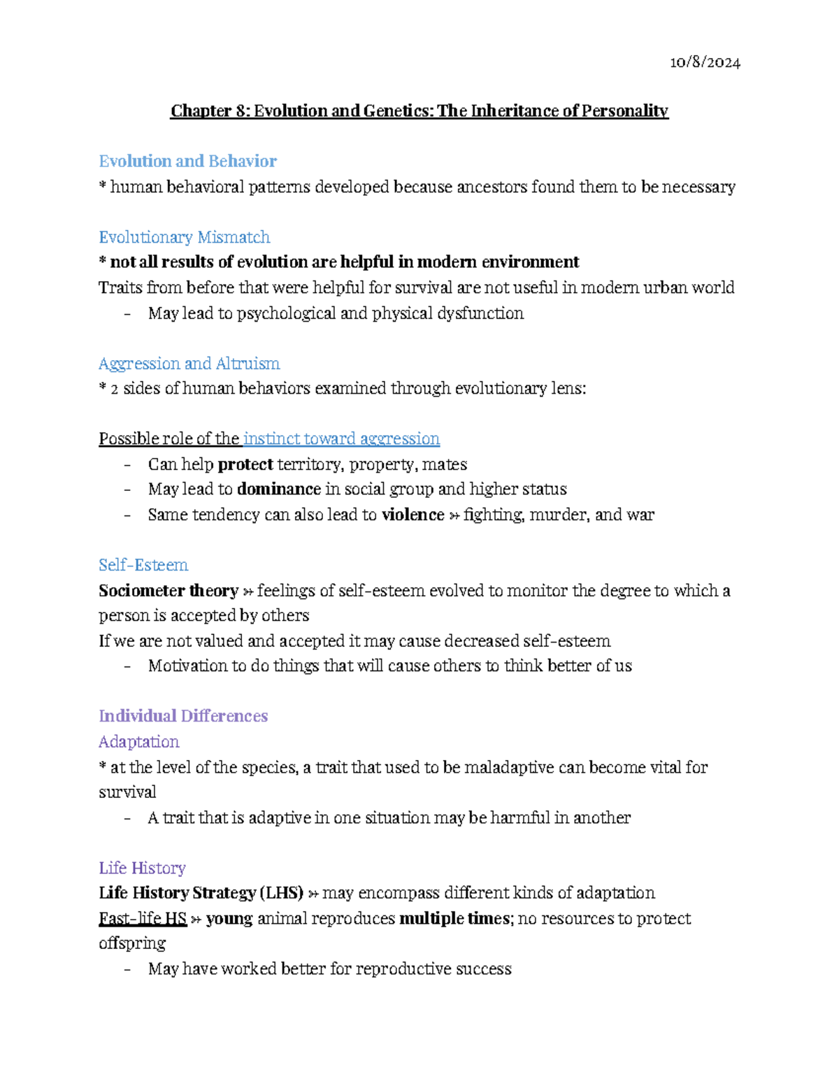 Chapter 8: Evolution and Genetics in Personality Theories - Studocu