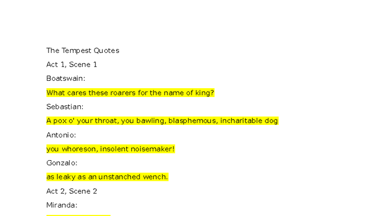 The Tempest Quotes Analysis: Key Lines from Acts 1 & 2 - Studocu