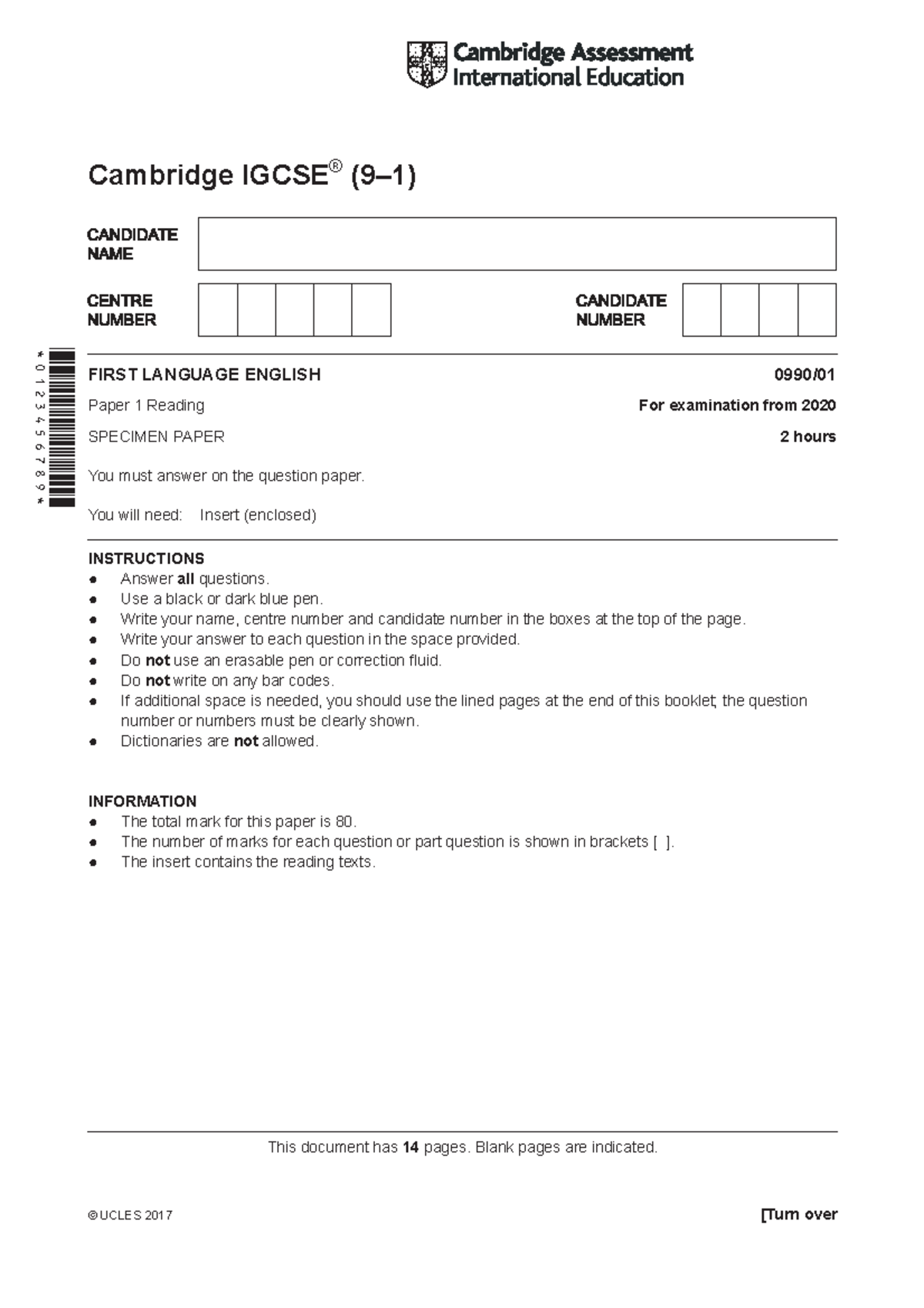 Cambridge FIRST LANGUAGE ENGLISH Paper 1 Reading Specimen 2020 - Studocu