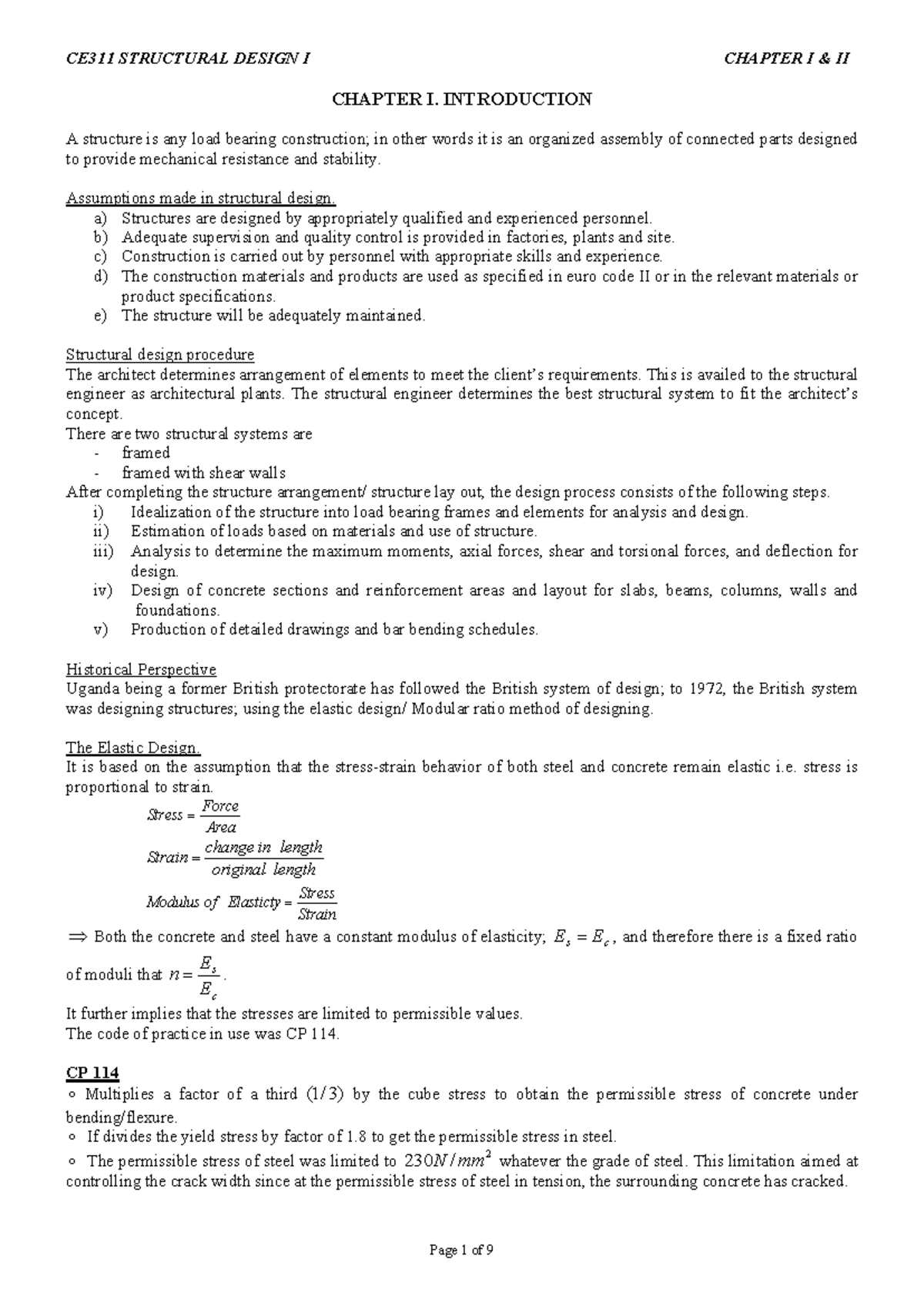 CE311 STRUCTURAL DESIGN I CHAPTER I: INTRODUCTION TO STRUCTURAL DESIGN ...