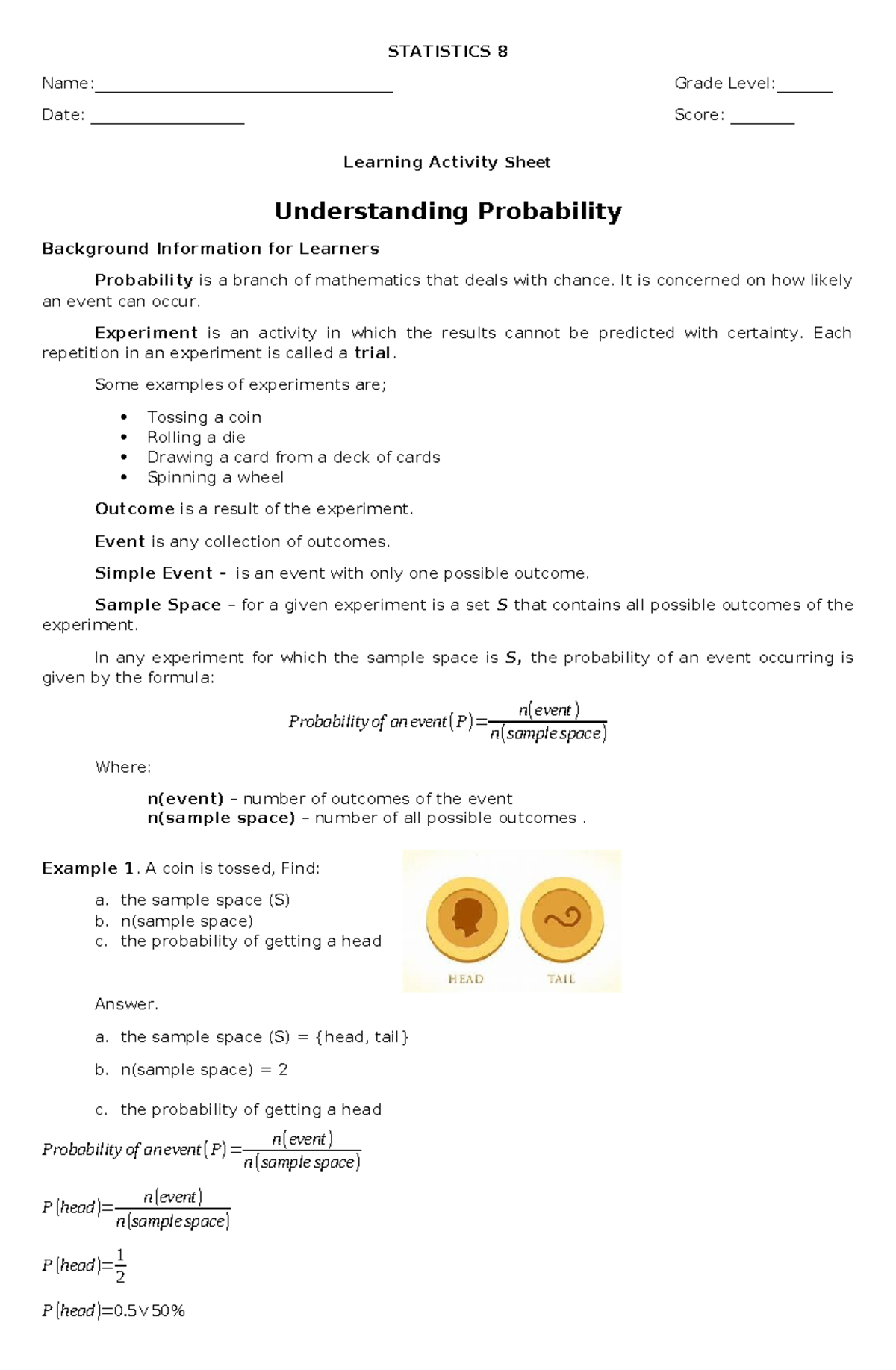 Understanding Probability 8 LAS - STATISTICS 8 Name