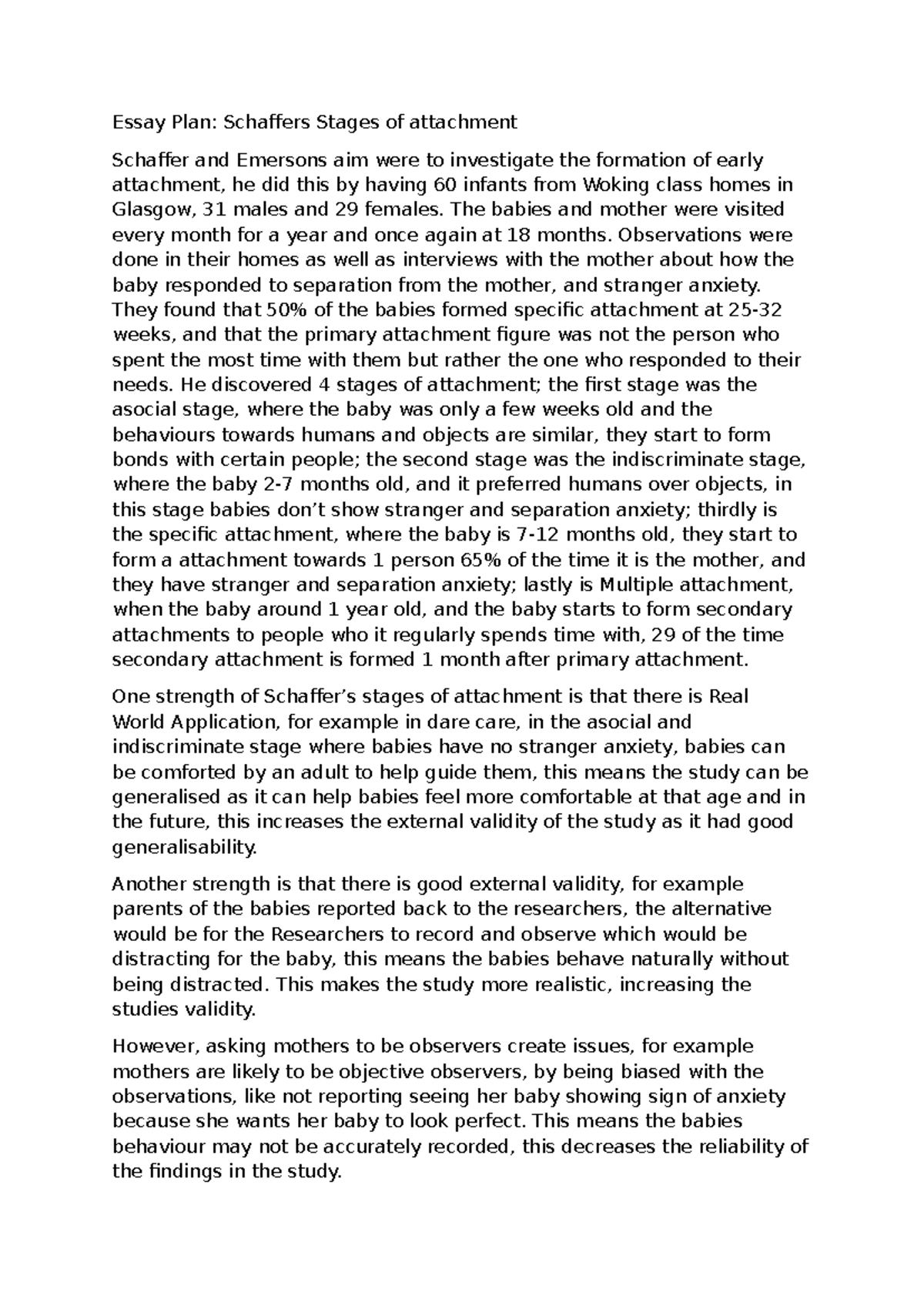 Essay Plan: Schaffer's Stages of Attachment (PSY101) - Studocu