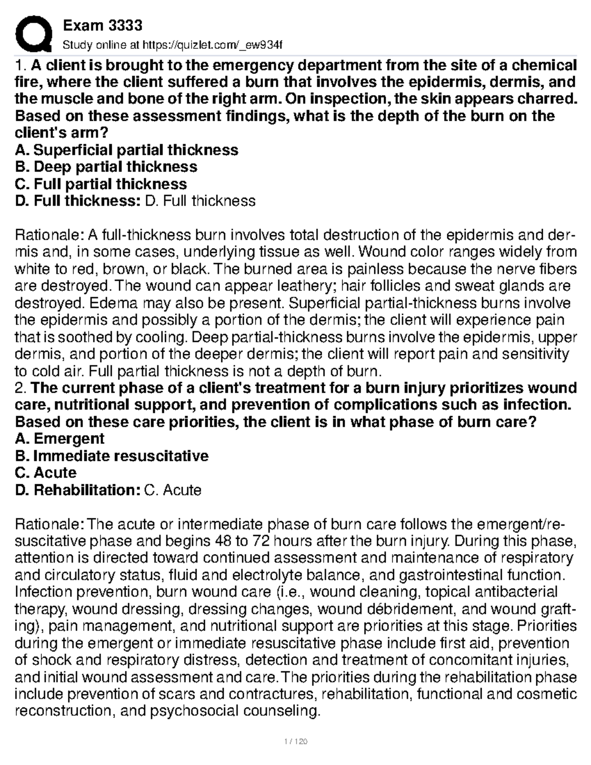 Exam Study Guide for Nursing 120: Burn Injury Management - Studocu
