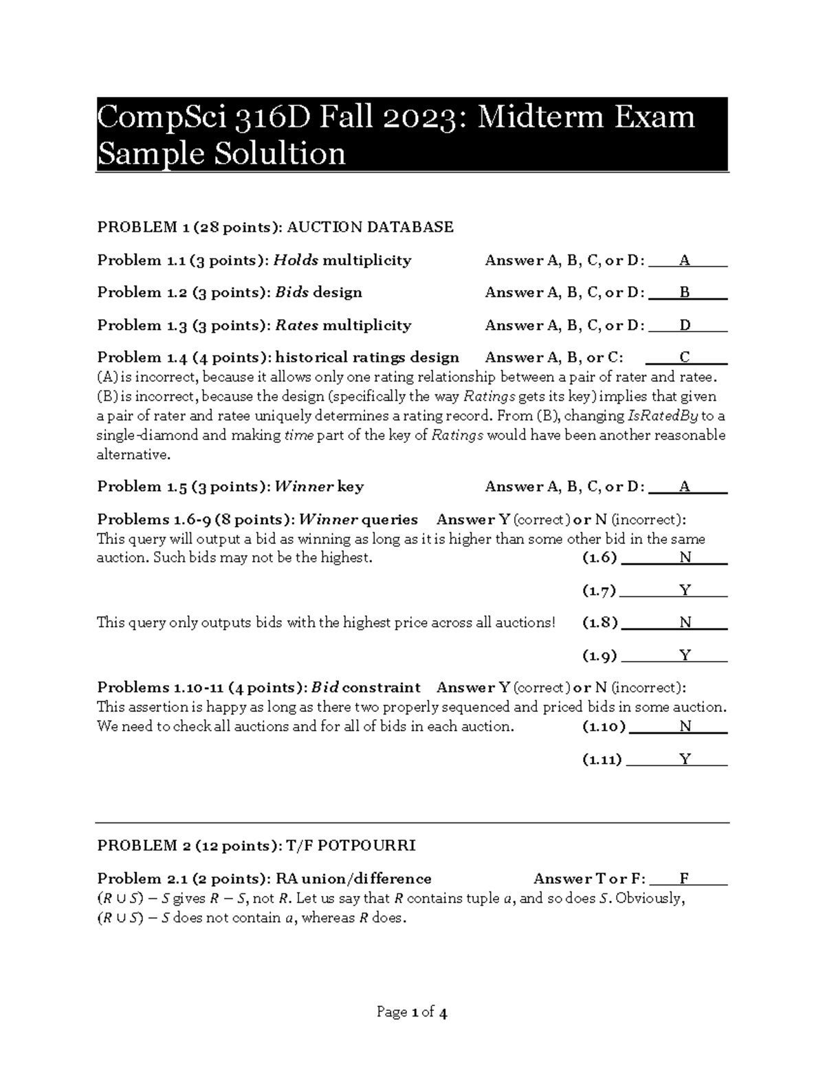 CompSci 316D Fall 2023: Midterm Exam Solutions & Analysis - Studocu