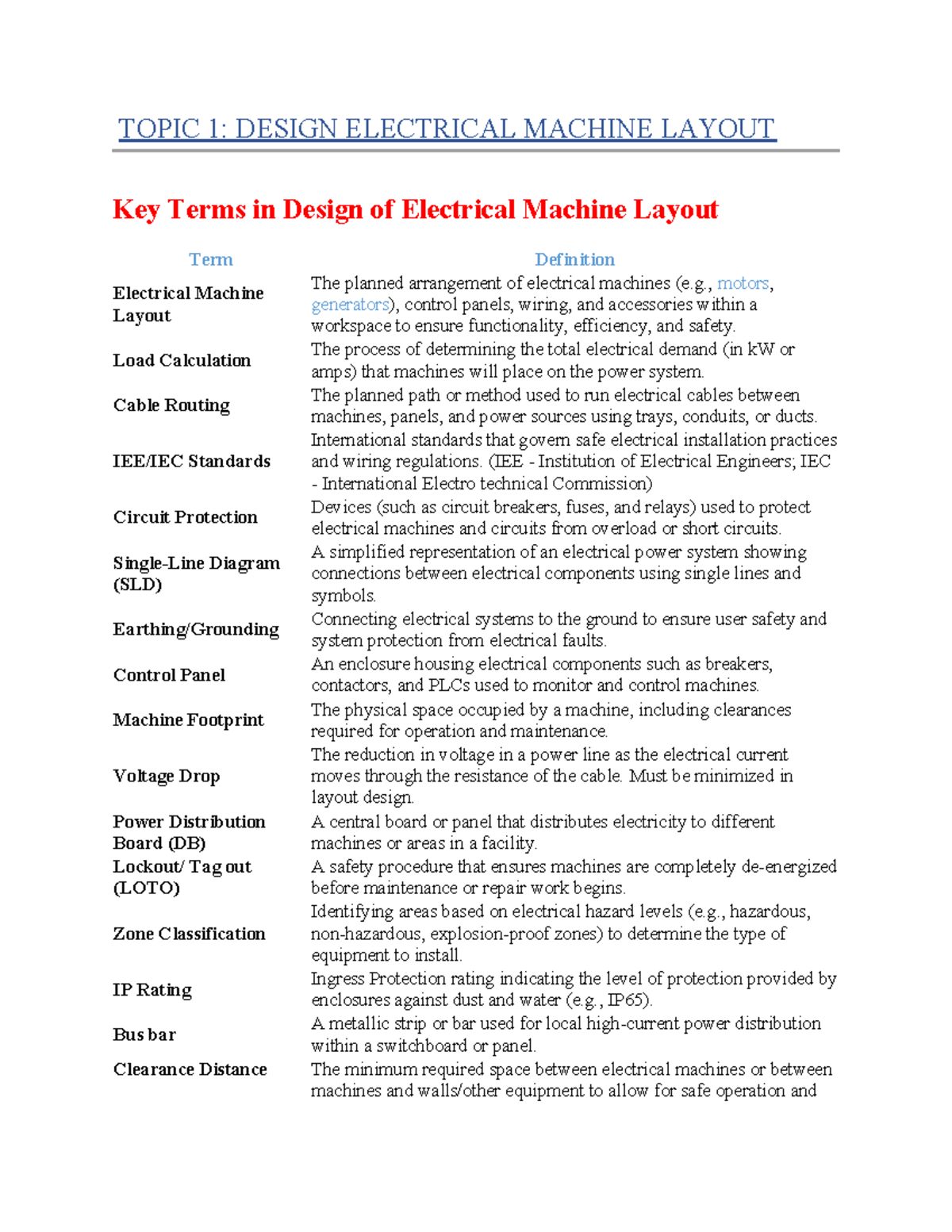 Design of Electrical Machine Layout (ENG 101) - Key Terms & Concepts - Studocu