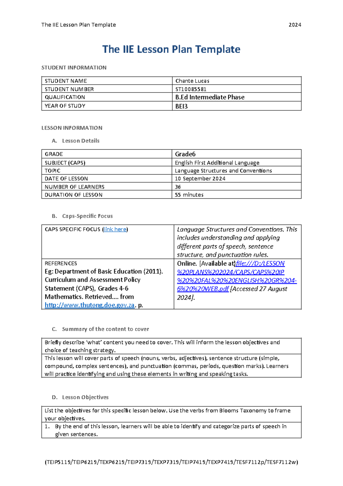 English Lesson Plan for Grade 4: Language Structures & Conventions ...