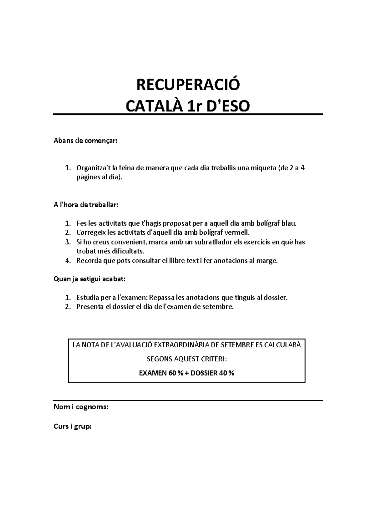 Activitats de Reforç i Ampliació - Llengua Catalana 1r ESO (Curs 2223 ...