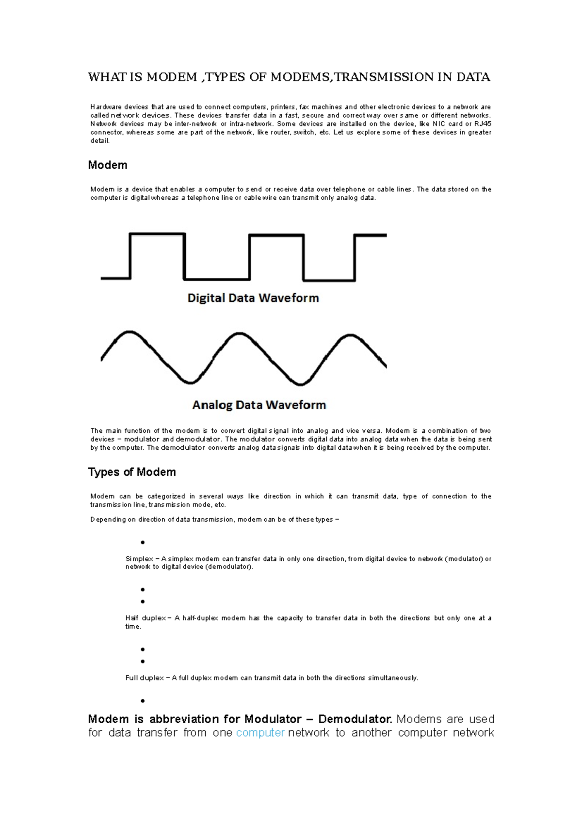 Modem Principle Of Digital Communication Notes - WHAT IS MODEM ,TYPES ...