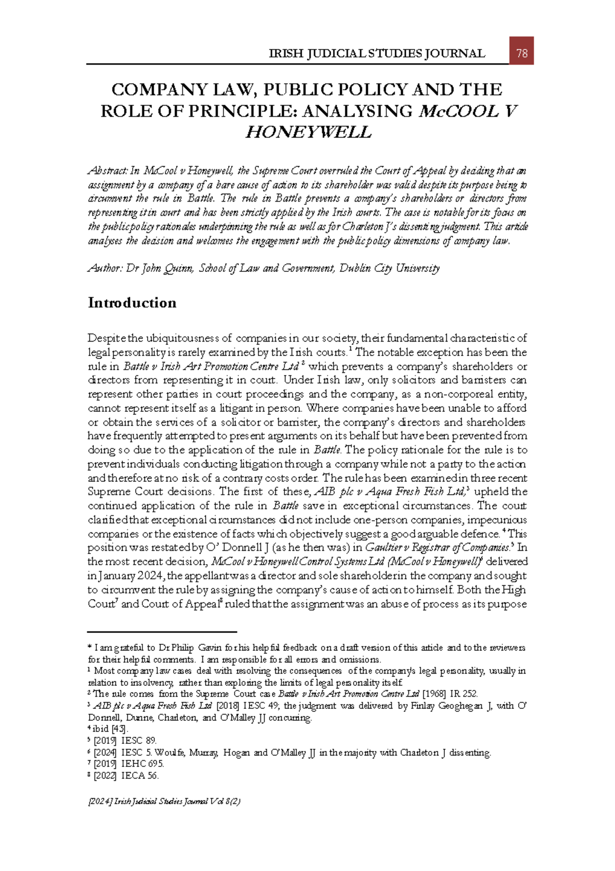 COMPANY LAW, PUBLIC POLICY & PRINCIPLES: ANALYSIS OF McCOOL V HONEYWELL ...