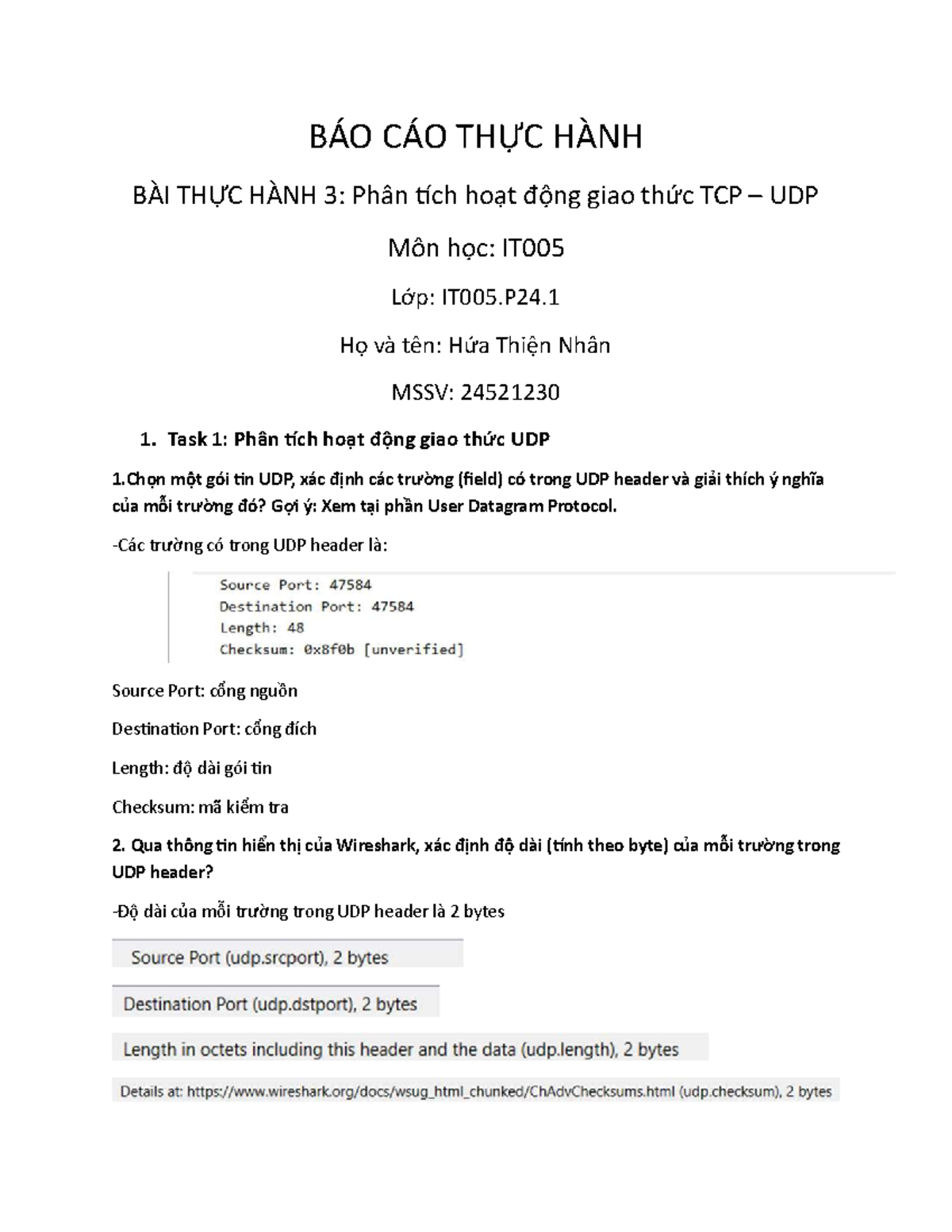 BÁO CÁO THỰC HÀNH 3: Phân tích giao thức TCP/UDP - IT005 - Studocu