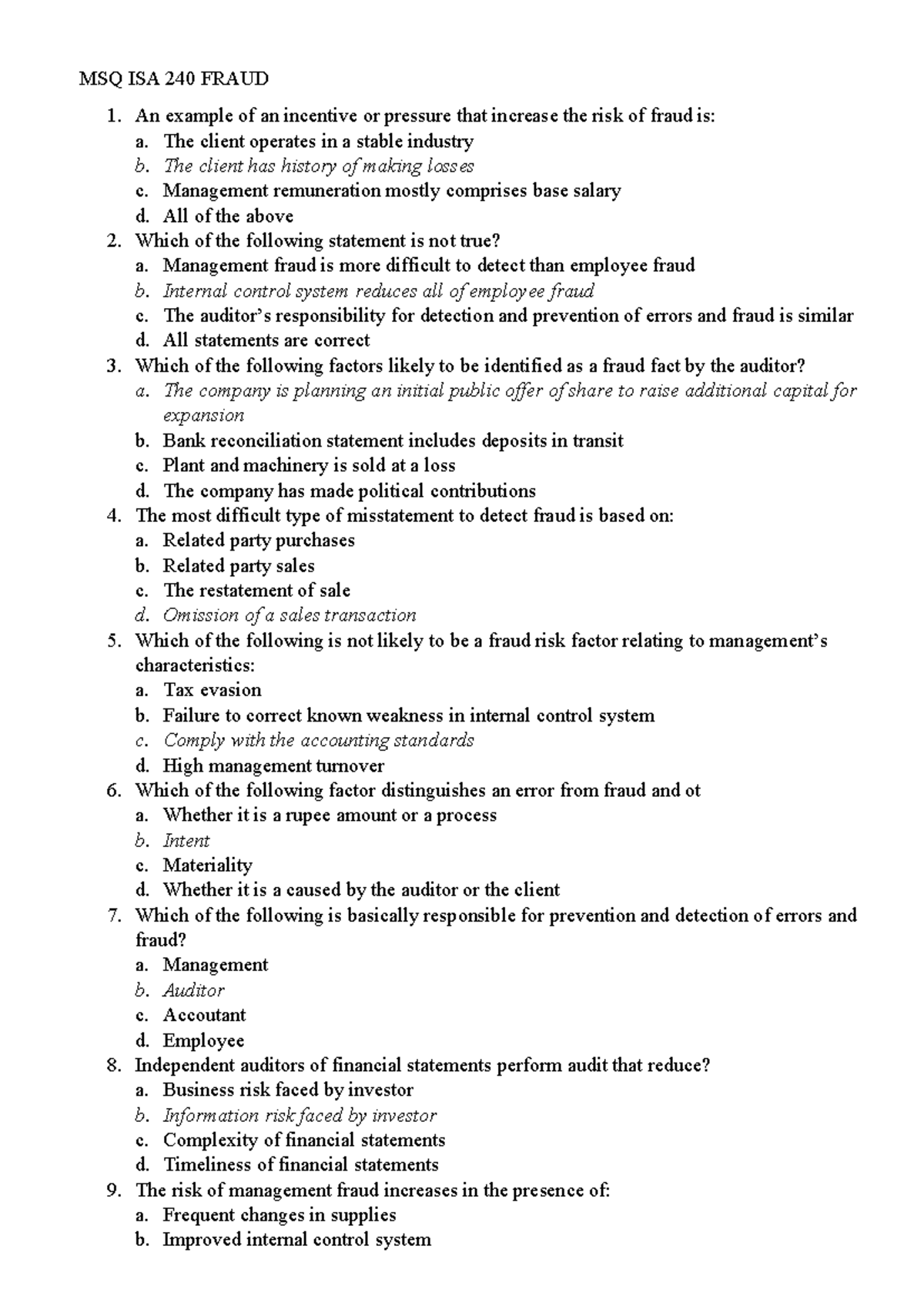 MCQ ISA 240 Fraud - KTCB Study Guide - Studocu