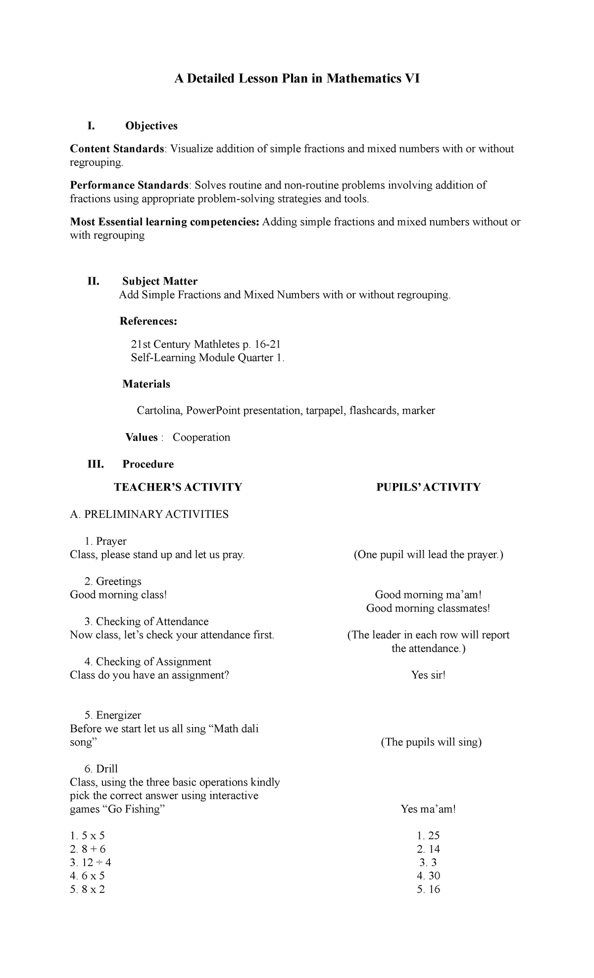 Mathematics VI Detailed Lesson Plan: Adding Fractions & Mixed Numbers ...