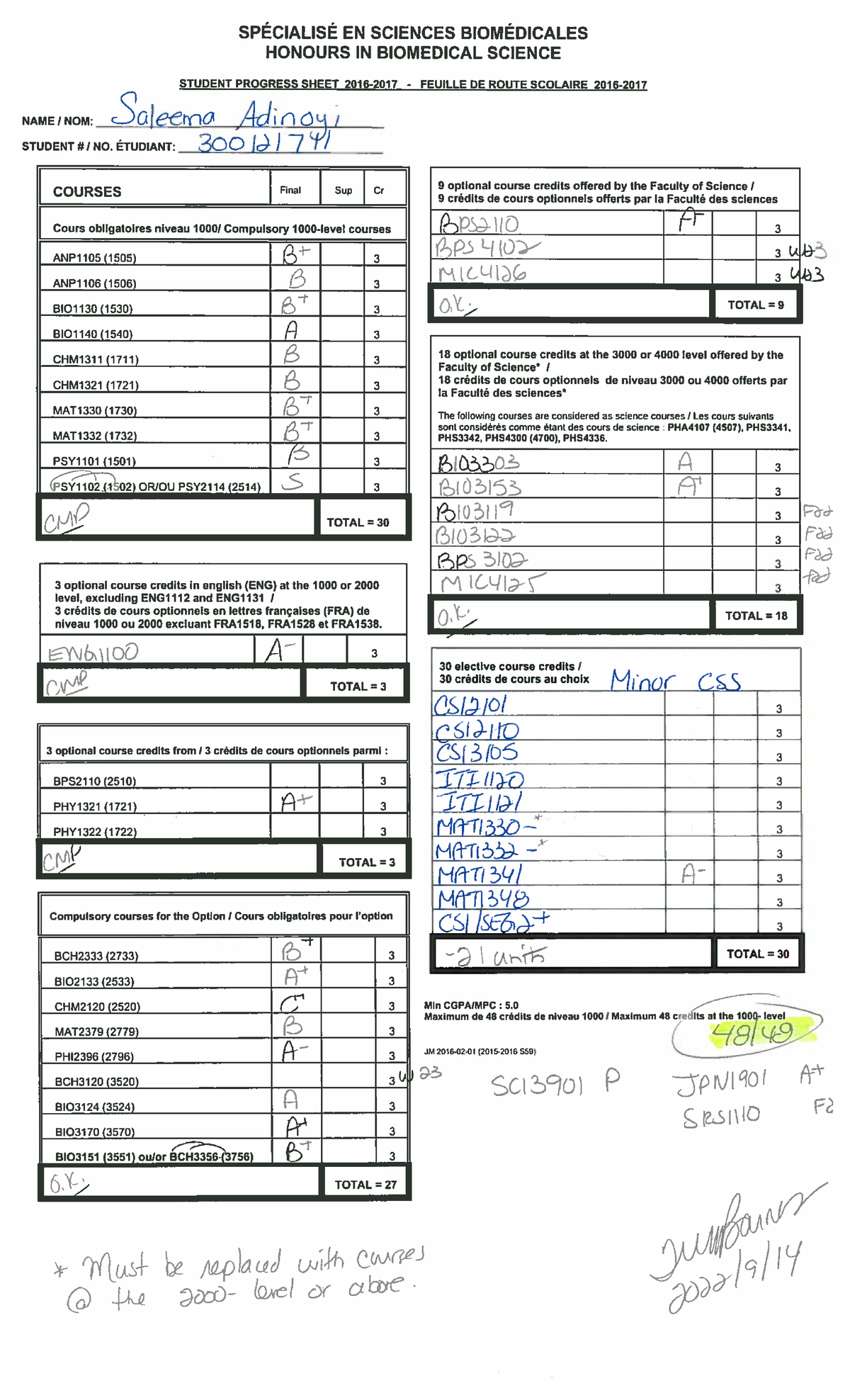 Lab 3: Student Progress Sheet for Biomedical Science Program (2016-2017 ...