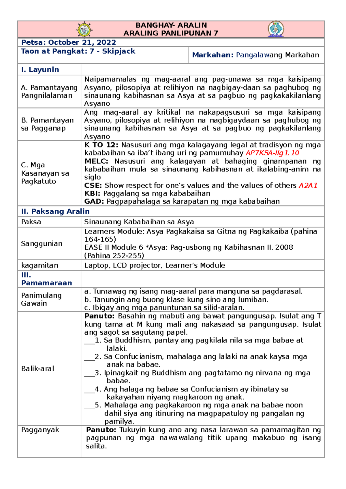 AP7 CSE Integrated Q2 - Sample lesson plan in Araling Panlipunan 7 ...