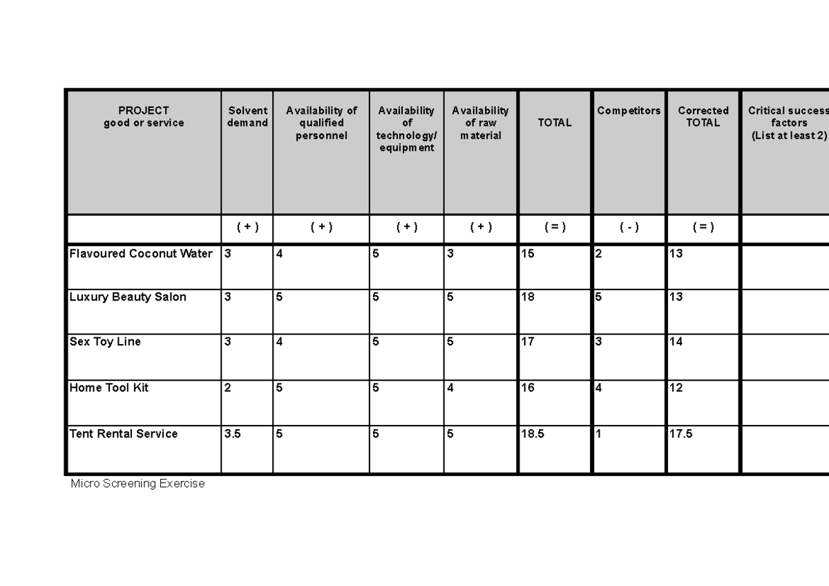 Micro Screening Template for Project Evaluation and Demand Analysis ...