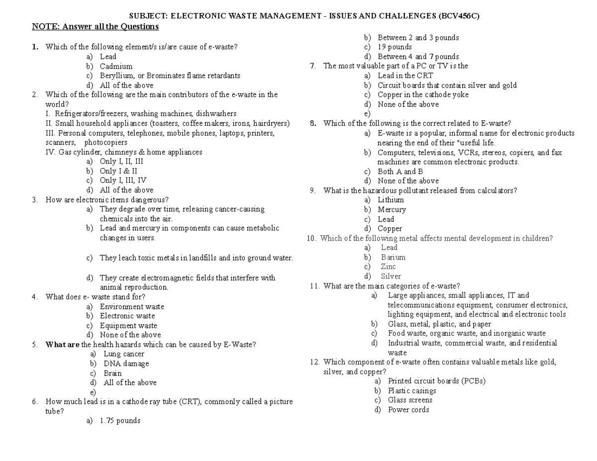 E-Waste Management MCQs & Evaluation (BCV456C) - Quiz Questions - Studocu