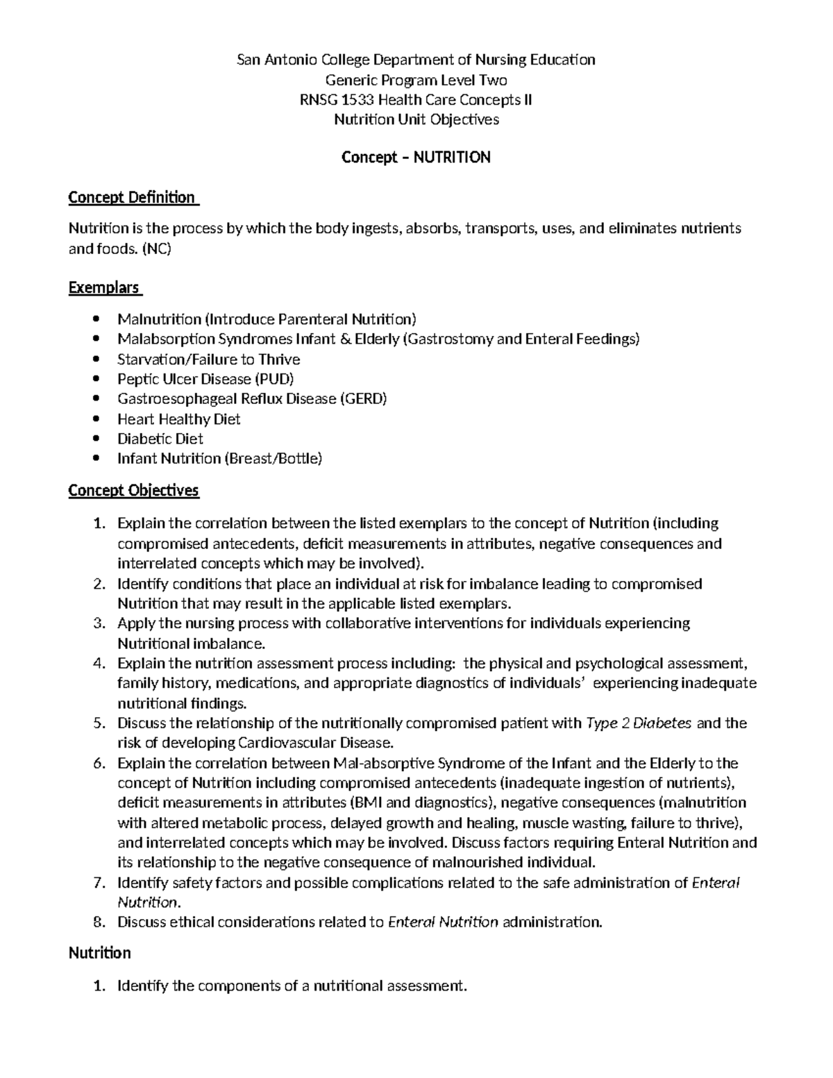 Nutrition Unit Objectives for RNSG 1533: Health Care Concepts II - Studocu