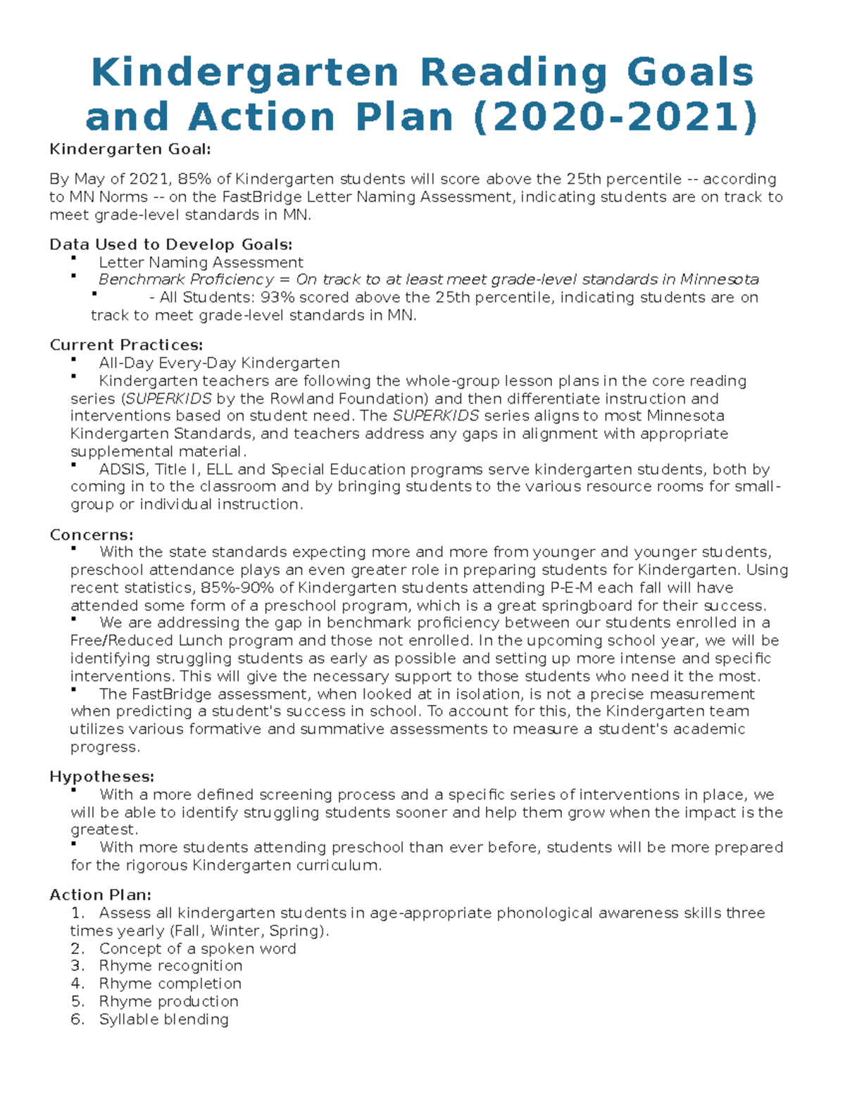 Kindergarten Reading Goals and Action Plan - Kindergarten Reading Goals ...
