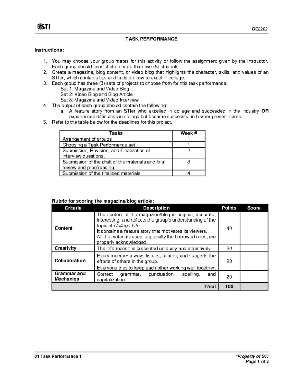 01 Task Performance 1(10) - GE 01 Task Performance 1 *Property of STI Page 1 of 2 TASK ...