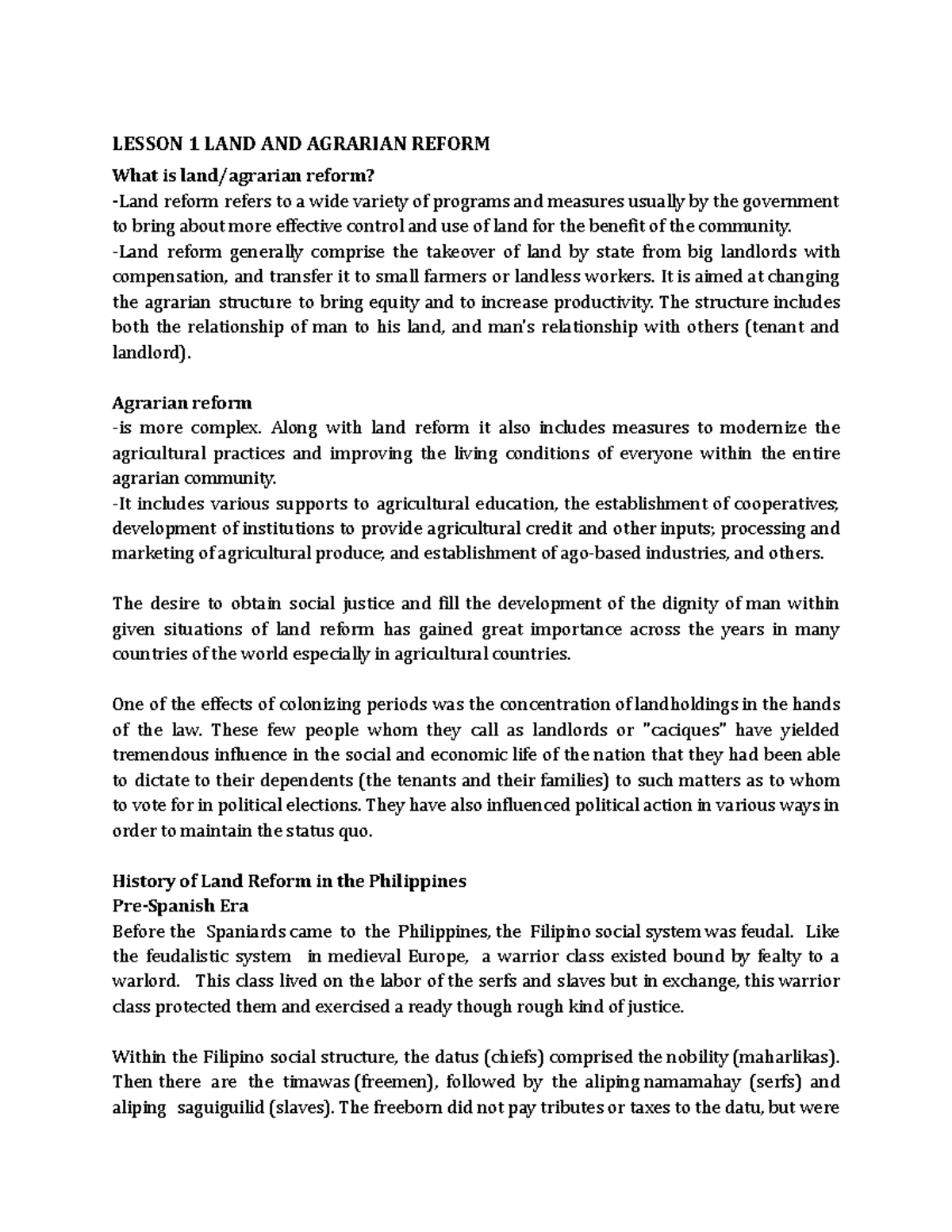 Finals RIPH: Land and Agrarian Reform Insights and History - Studocu