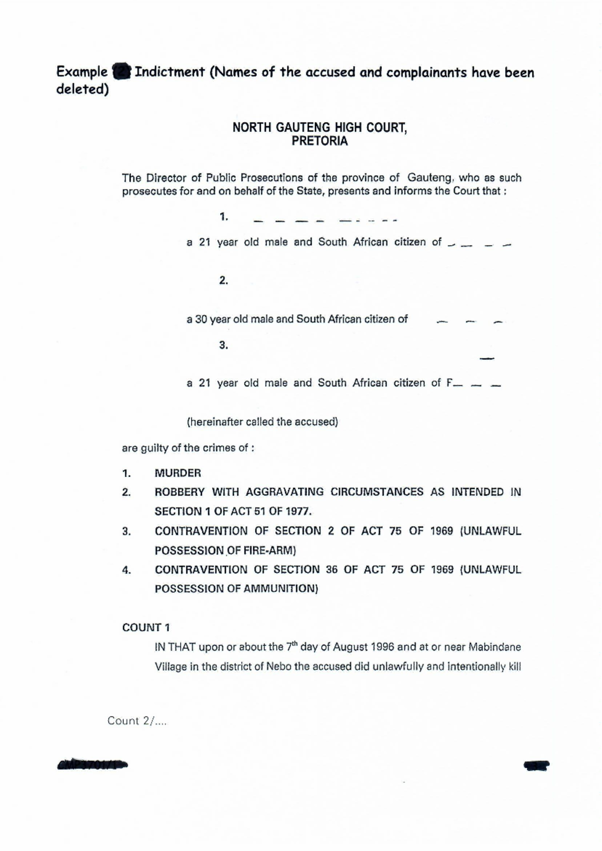 Indictment Example Overview (Akte van Beskuldiging) (RSA) - Studocu