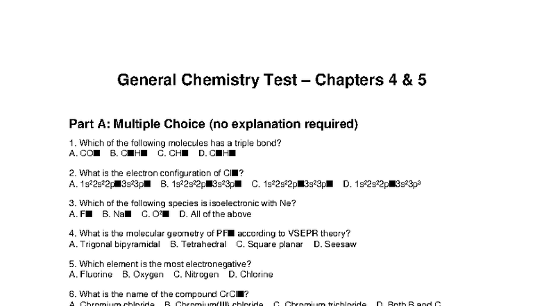 Chem 201 General Chemistry Test: Chapters 4 & 5 MCQs - Studocu