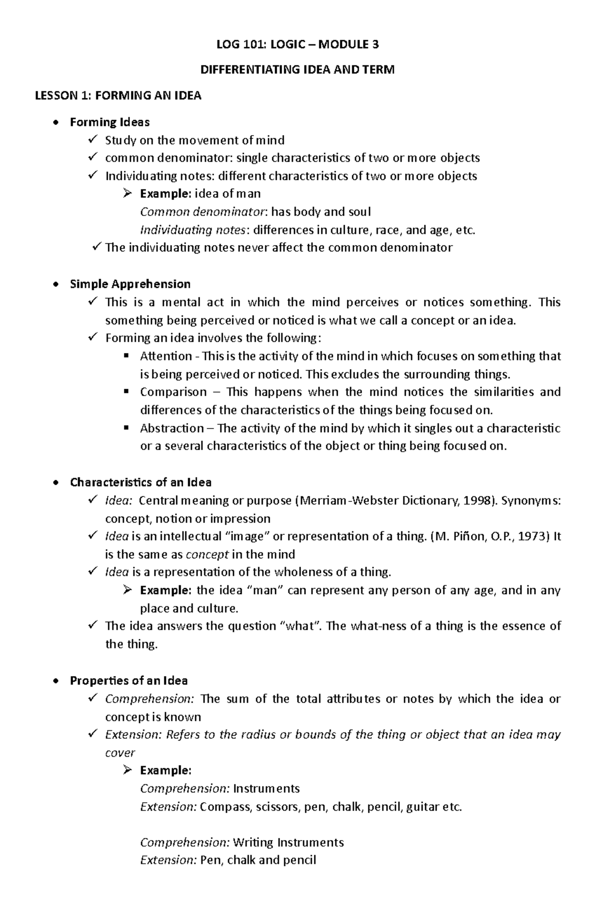 LOG 101: Logic - Module 3: Idea Formation & Term Classification - Studocu