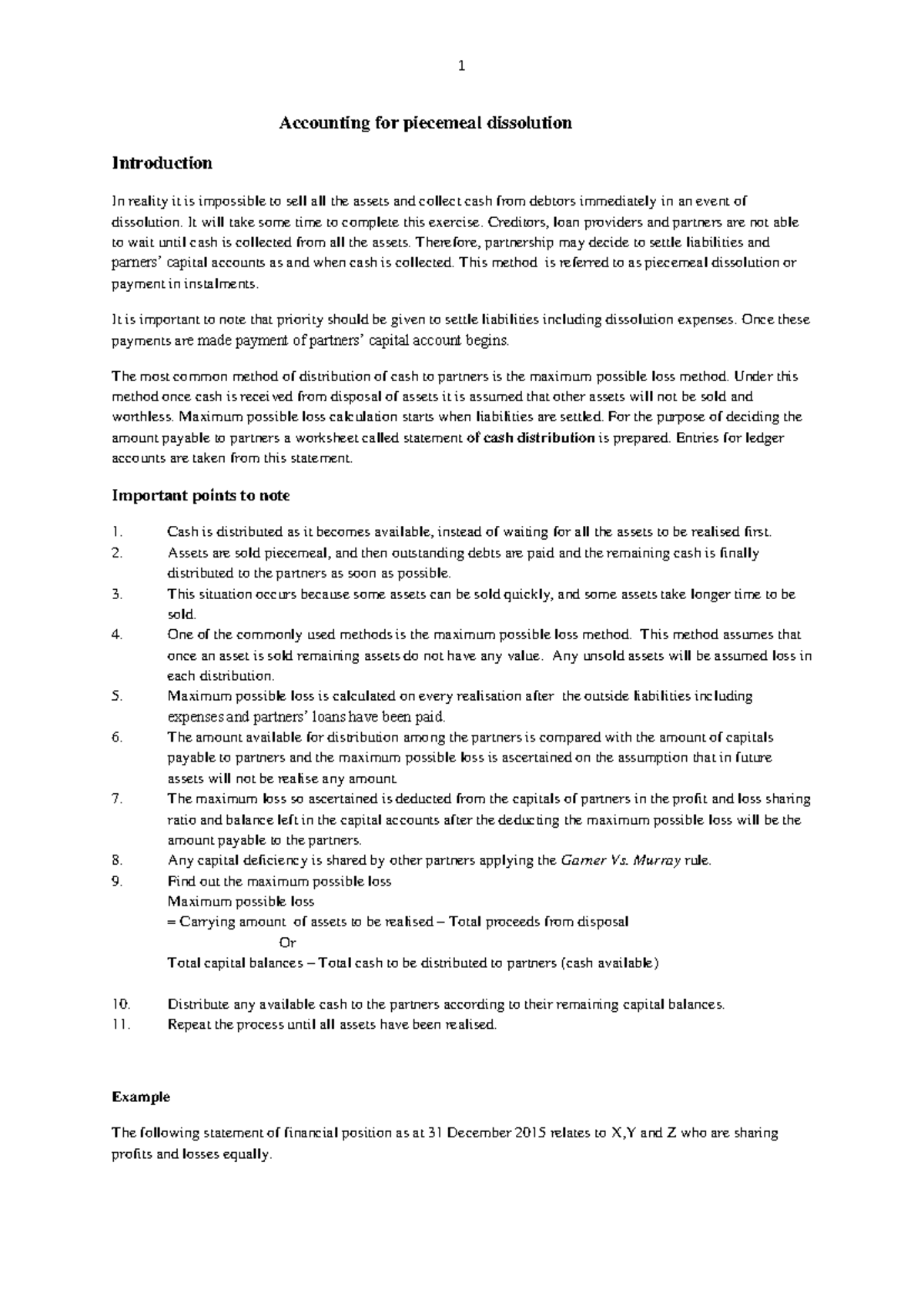 Piecemeal Dissolution in Accounting: Student Notes on Method and ...