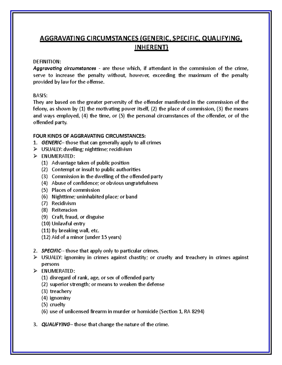 Aggravating Circumstances ( Generic, Specific, Qualifying, Inherent ...