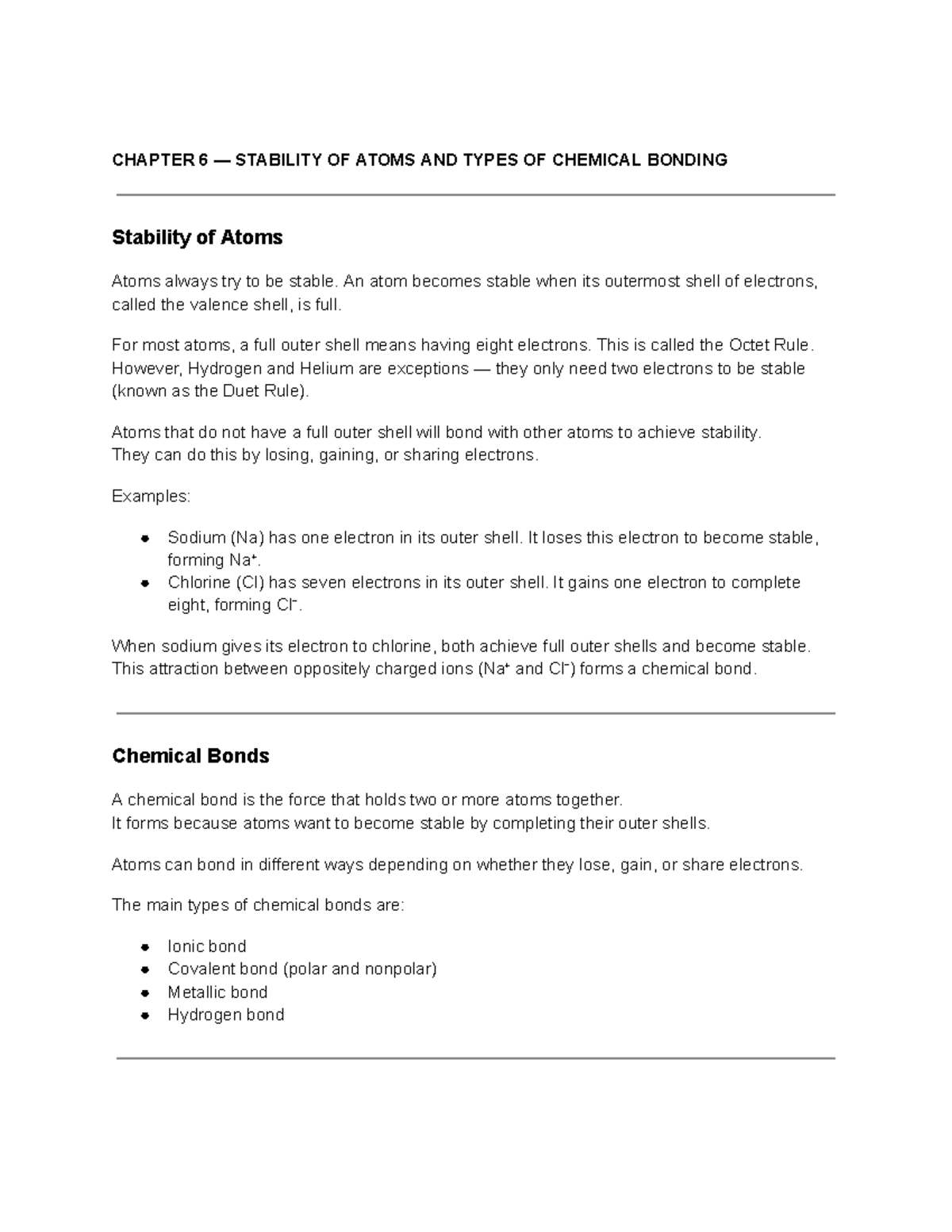 CHAPTER 6: STABILITY OF ATOMS & CHEMICAL BONDING (CHEM-6-7) - Studocu