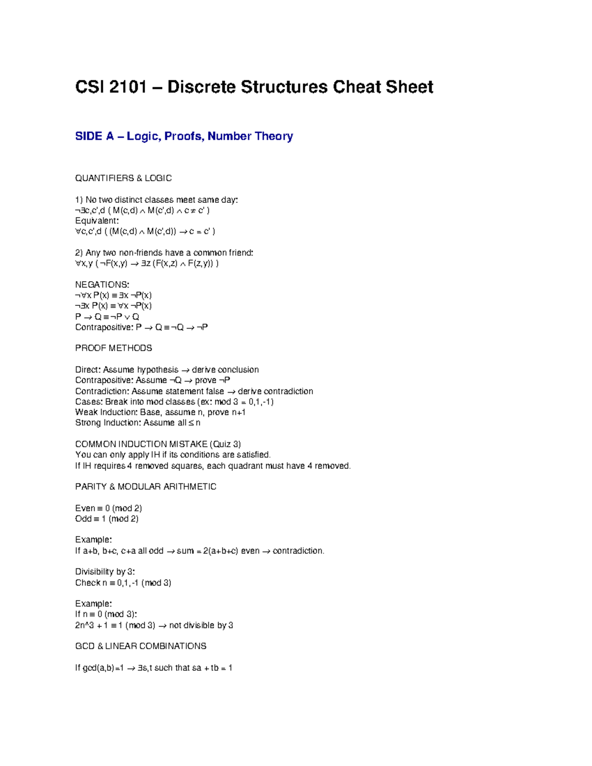 CSI 2101 Discrete Structures Cheat Sheet: Logic, Proofs & Induction ...
