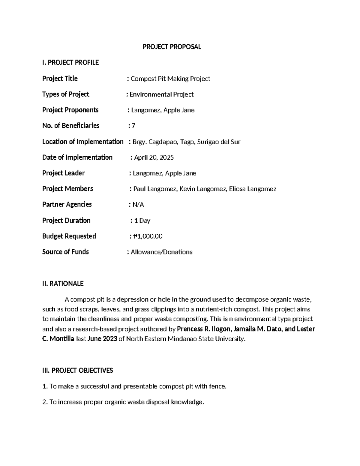 Compost pit making project proposal - ENVI 101 - Studocu