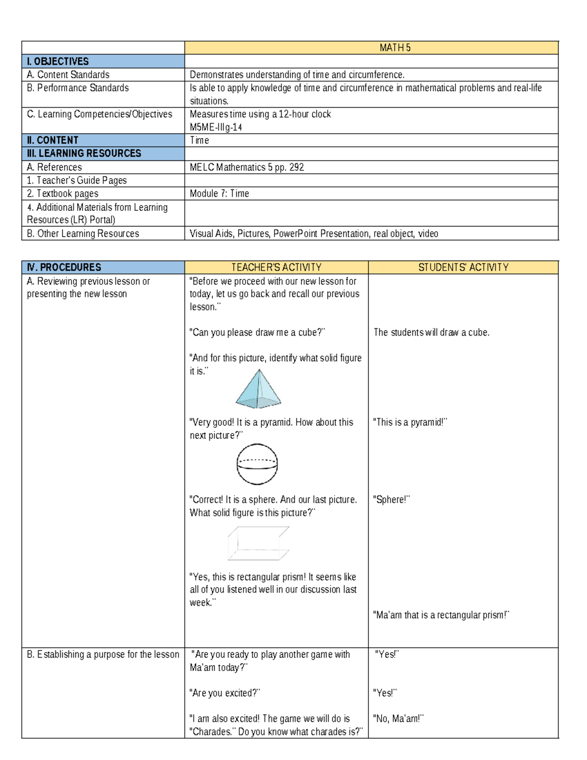 Math 5 Lesson Plan: Understanding Time and Circumference Activities - Studocu