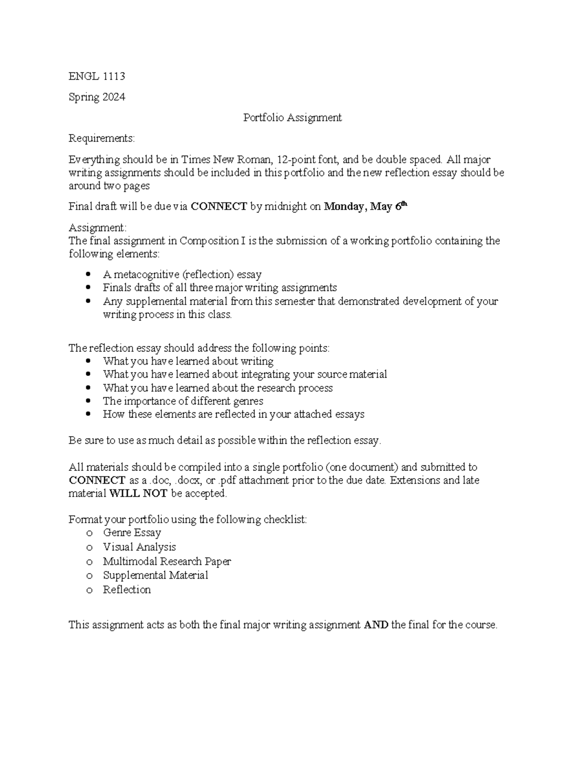 ENGL 1113 Final Portfolio Assignment Overview - Spring 2024 - Studocu