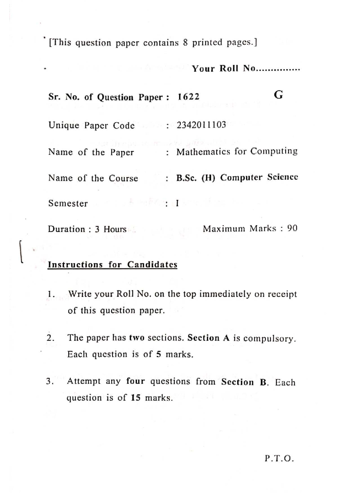 B.Sc. (H) Computer Science Semester I Final Exam: Math for Computing ...