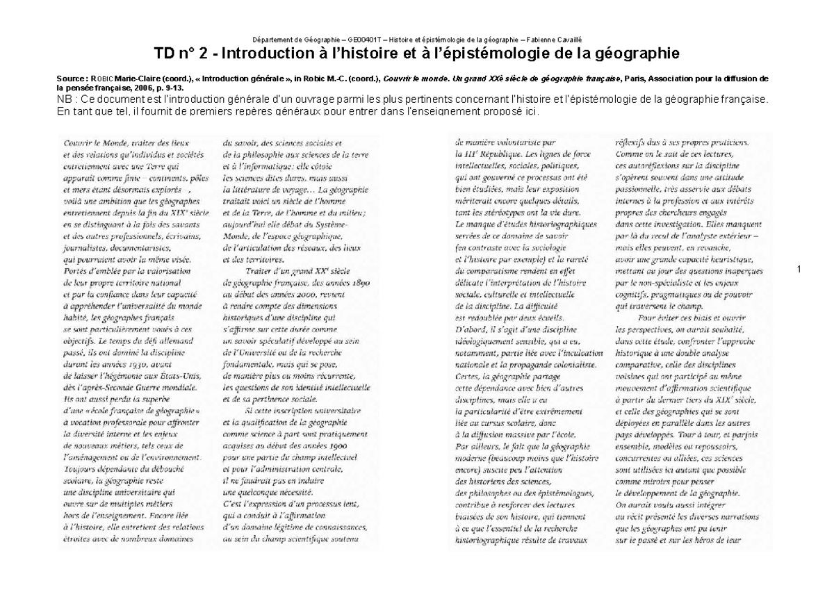 Département de Géographie GE00401T TD 2 Introduction à l'Histoire de la ...