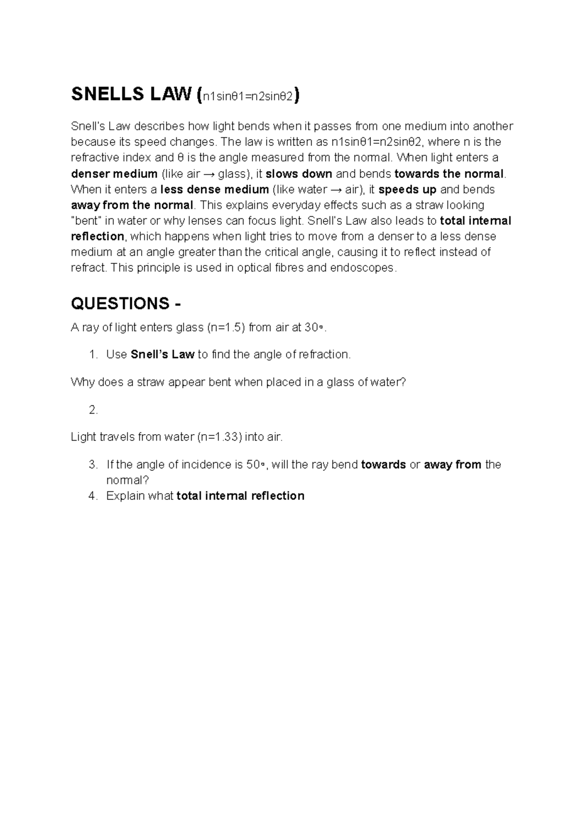 Snell's Law Notes - Physics - 21 05 26: Light Refraction Explained ...