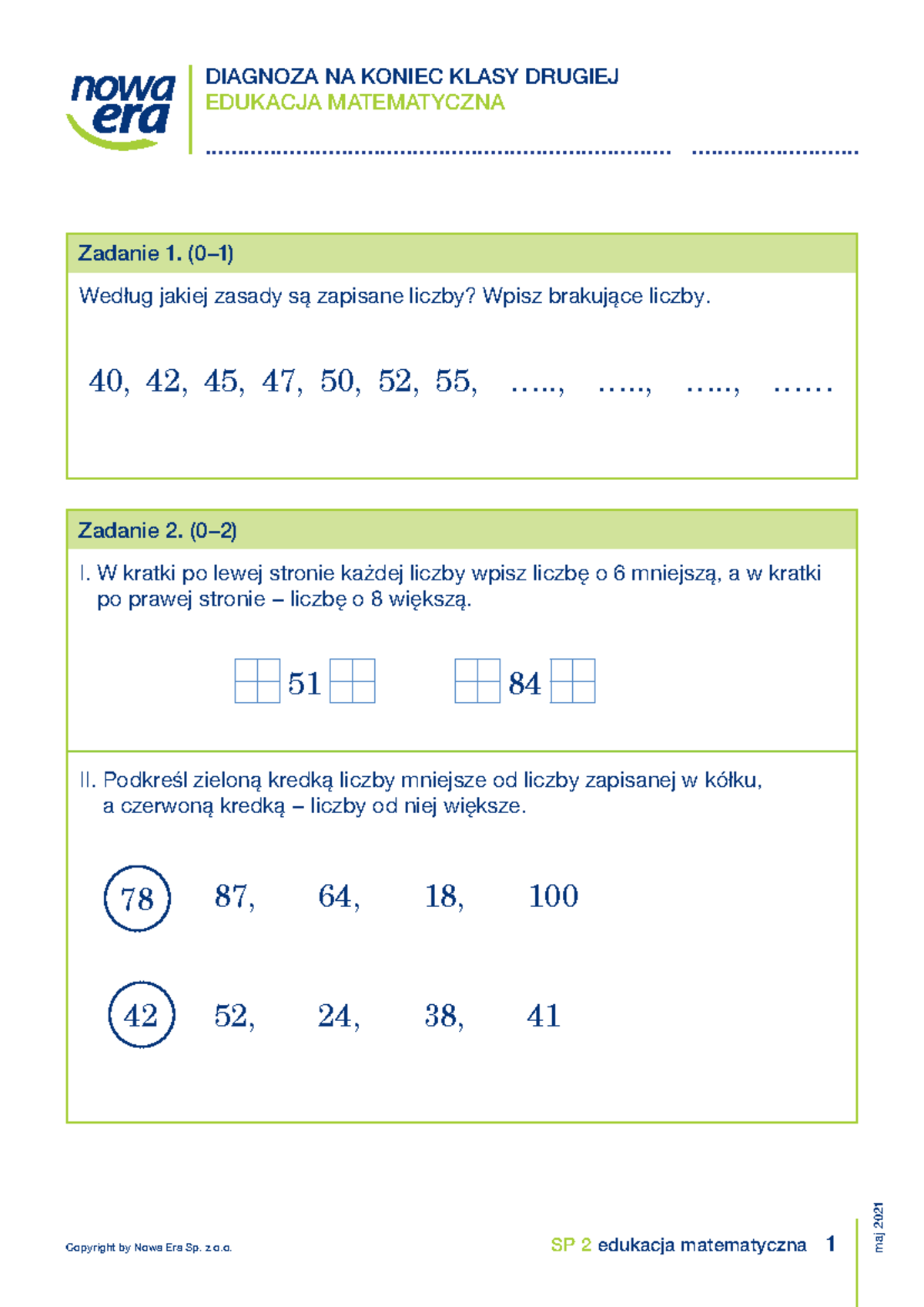 Diagnoza Matemat. Kl. 2 - Test z Edukacji Matematycznej, Maj 2021 - Studocu