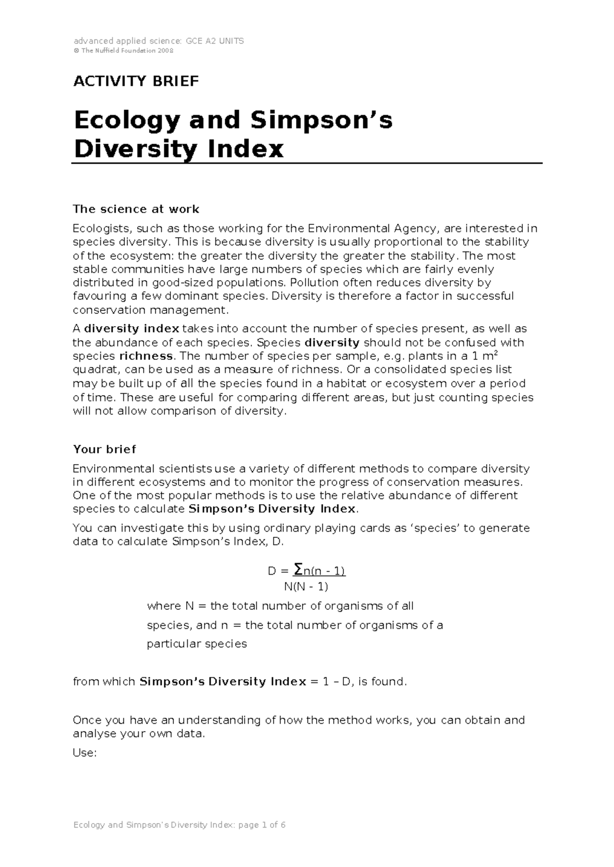 Lab Activity: Exploring Simpson's Diversity Index - GCE A2 Units - Studocu