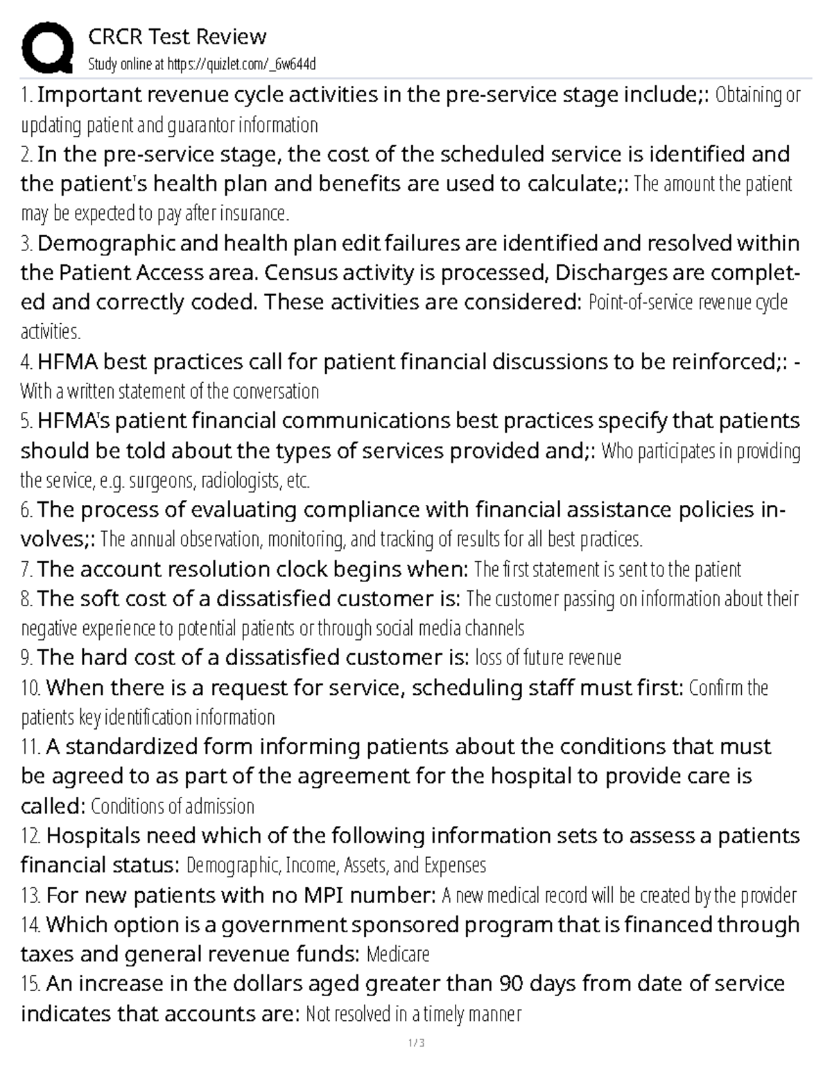 CRCR Test Review: Key Revenue Cycle Activities and Best Practices - Studocu
