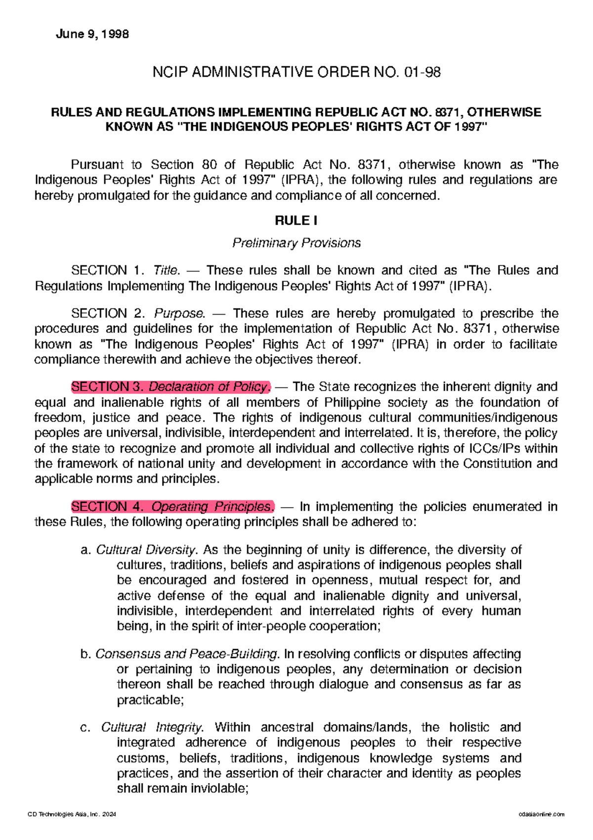 Rules and Regulations for Implementing IPRA (RA 8371) - 1998 - Studocu