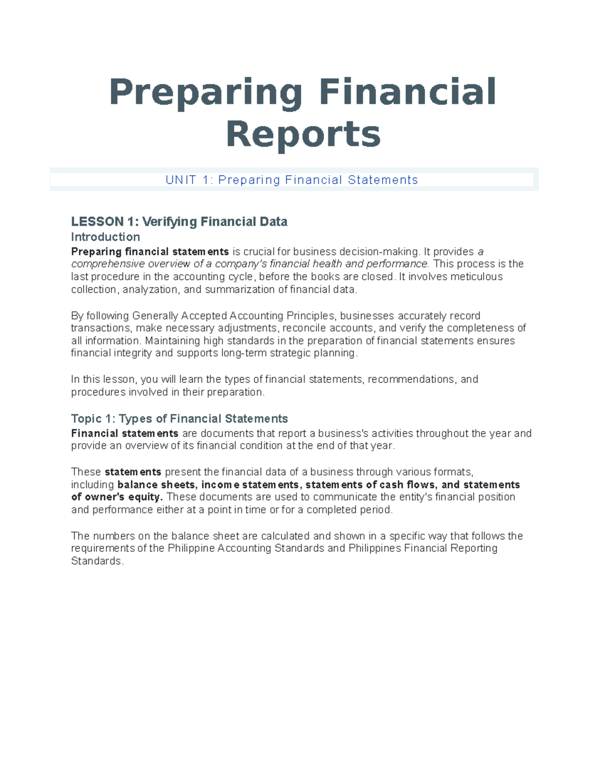 Preparing Financial Reports UN IT 1: Lesson 1 - Financial Statement ...