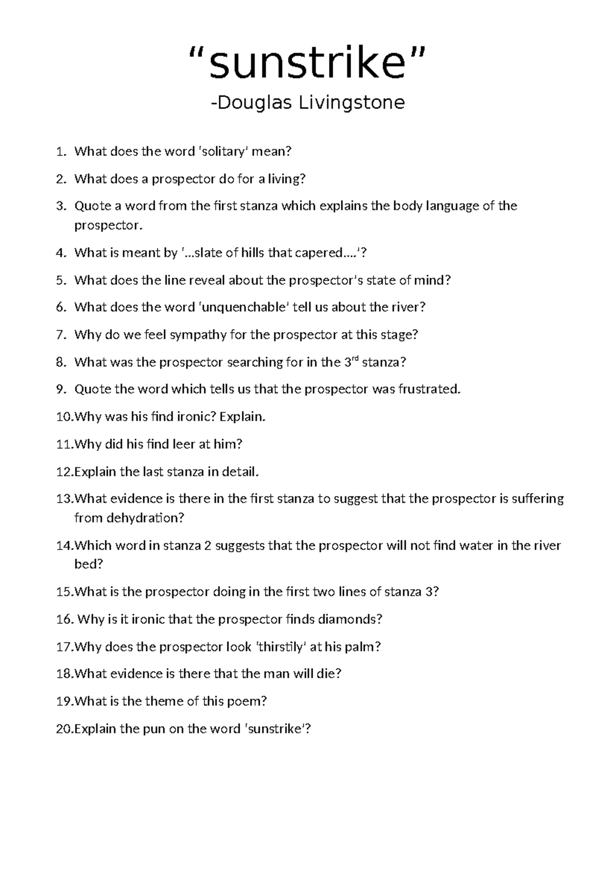ENG 202 - "Sunstrike" Poetry Analysis Questions and Themes - Studocu