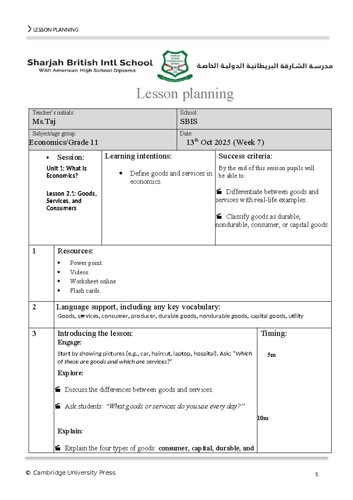 Grade 11 Economics Lesson Plan - Week 7: Goods & Services - Studocu